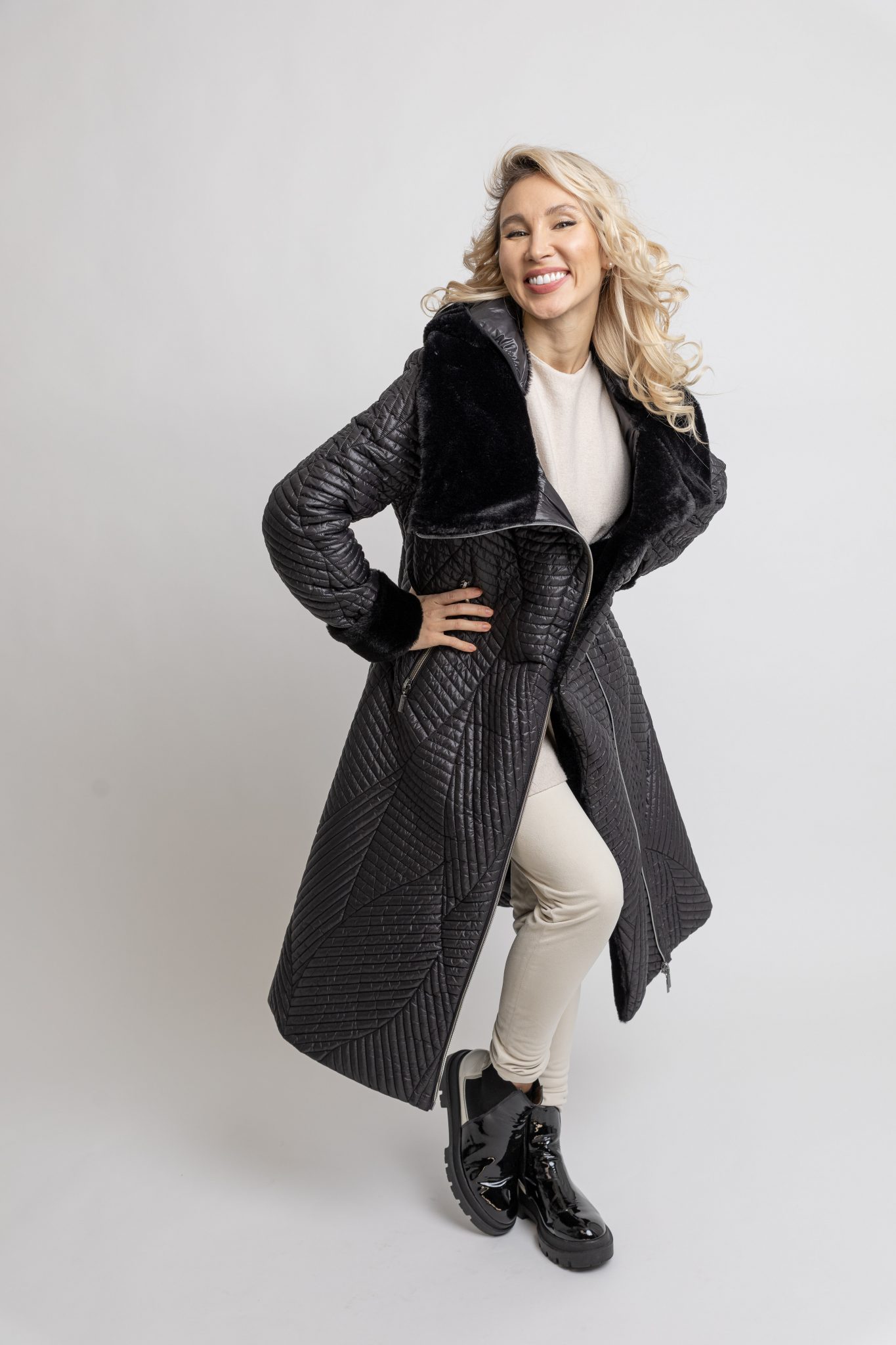 Matilda, Black Fields Quilted Long Coat with Eco Fur Collar and ...